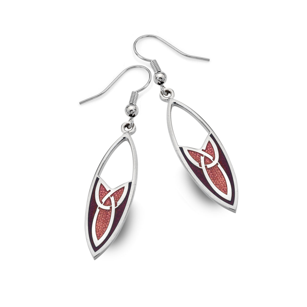 Celtic Trinity Battle Knot Elliptic Drop Earrings - Red Glass Enamel & Rhodium Plated Copper ...