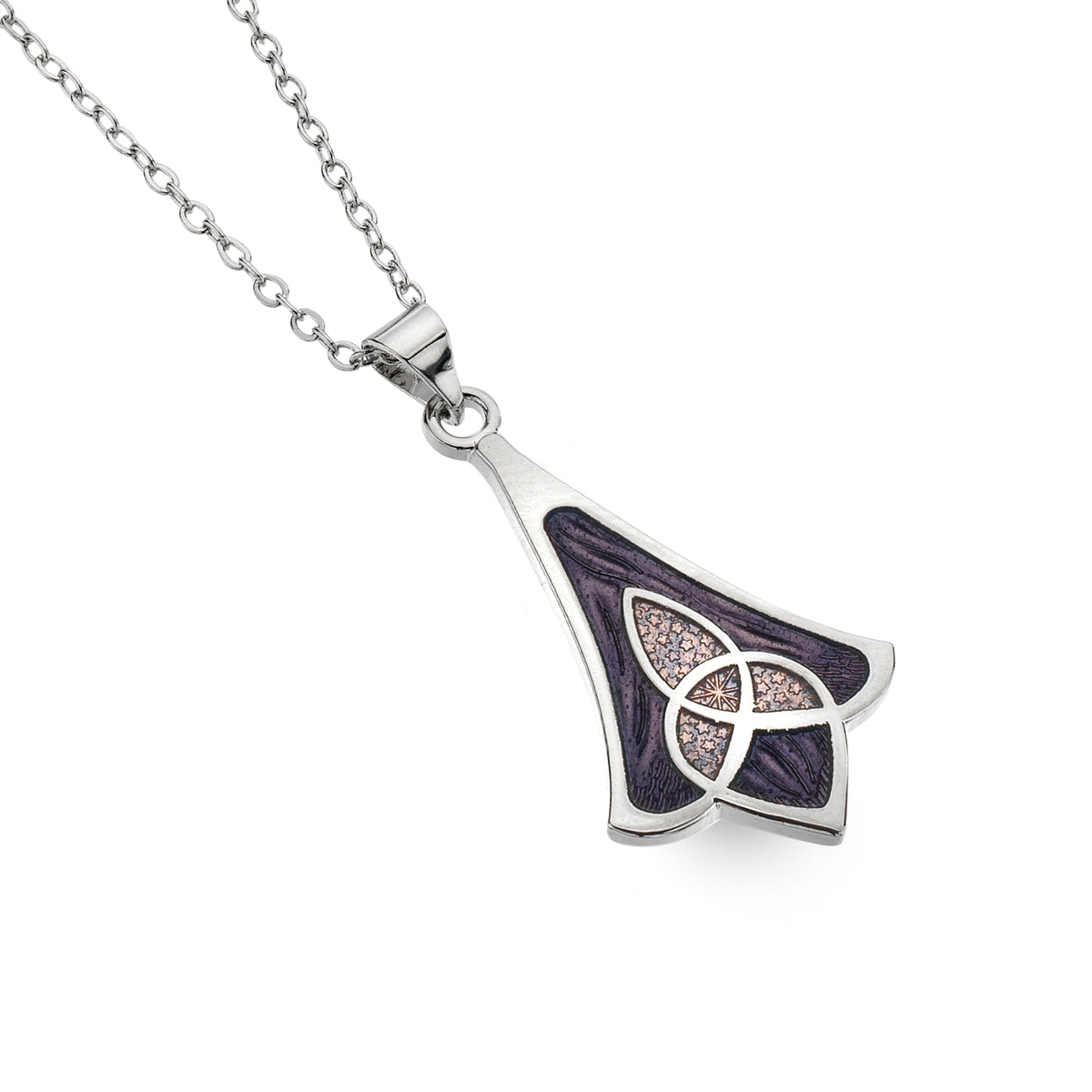 Celtic Trinity Knot Bell Pendant Necklace - Purple Glass Enamel & Rhodium Plated Copper – Celtic ...