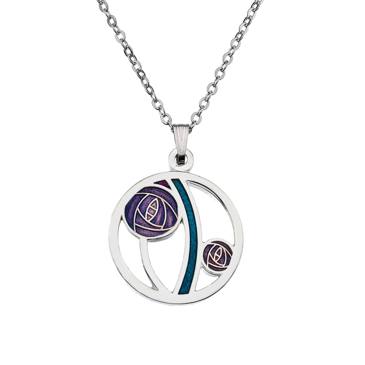 Rennie Mackintosh Purple Rose Cut-Out Pendant Necklace - Glass Enamel & Rhodium Plated Copper ...