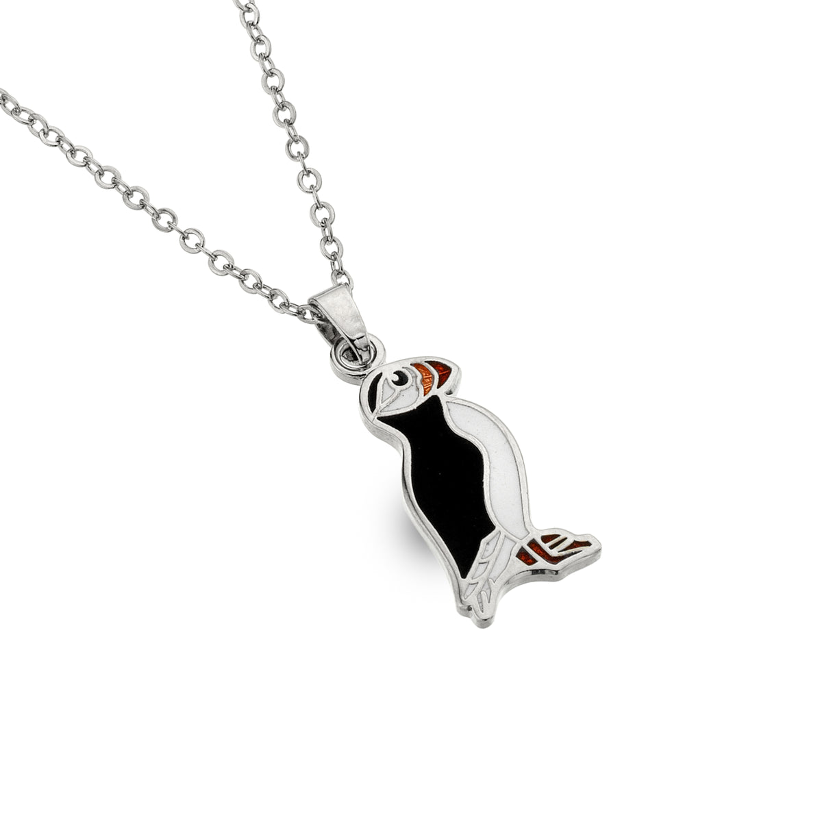 Puffin Pendant Necklace - Black & White Glass Enamel and Rhodium Plated ...