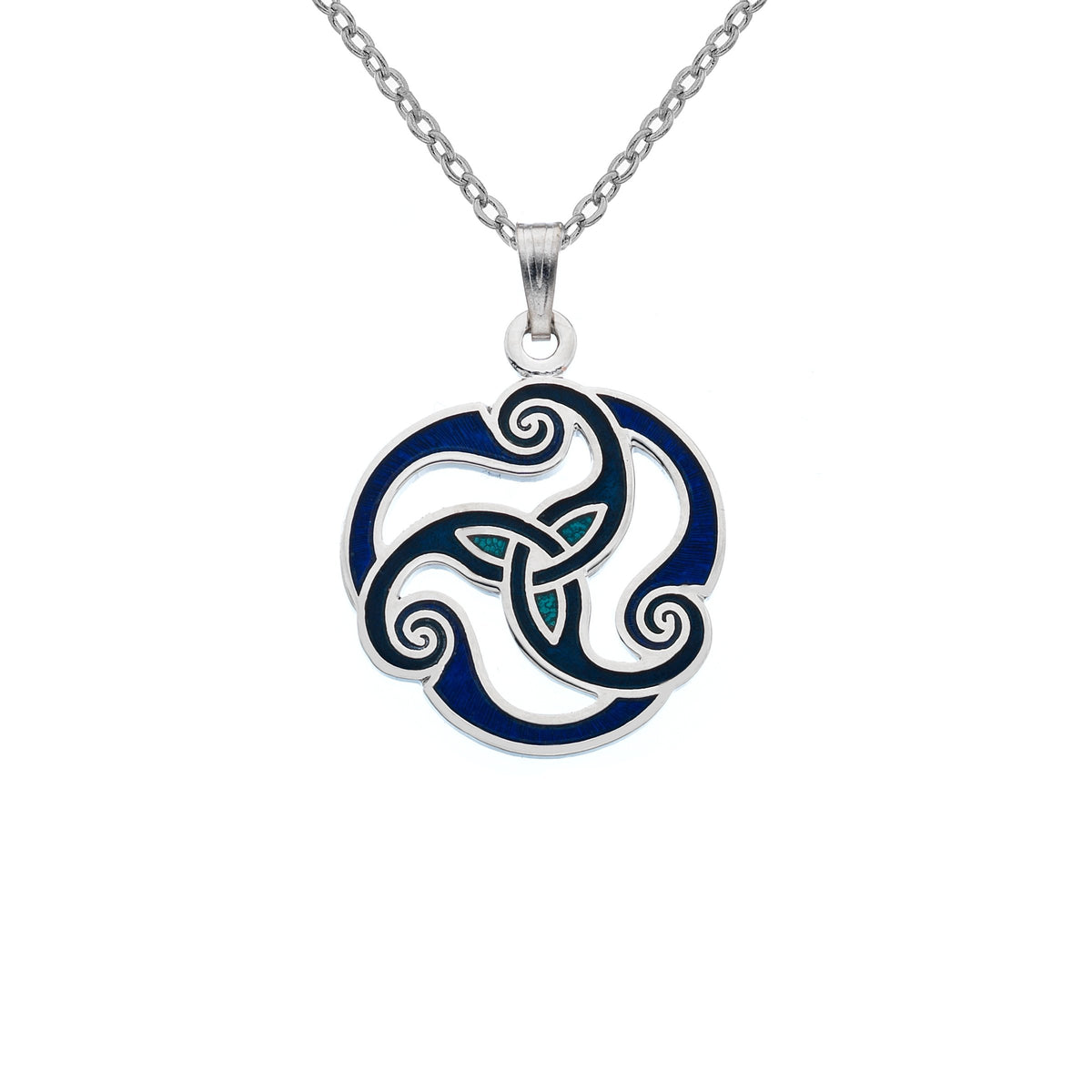 Celtic Triskele Pendant Necklace - Blue Glass Enamel & Rhodium Plated ...