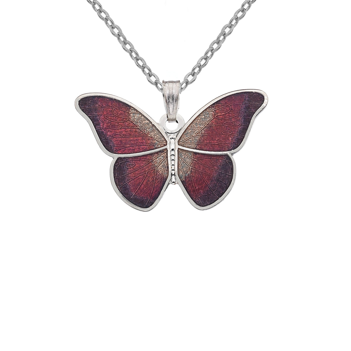 Butterfly Pendant Necklace - Red Glass Enamel & Rhodium Plated Copper ...