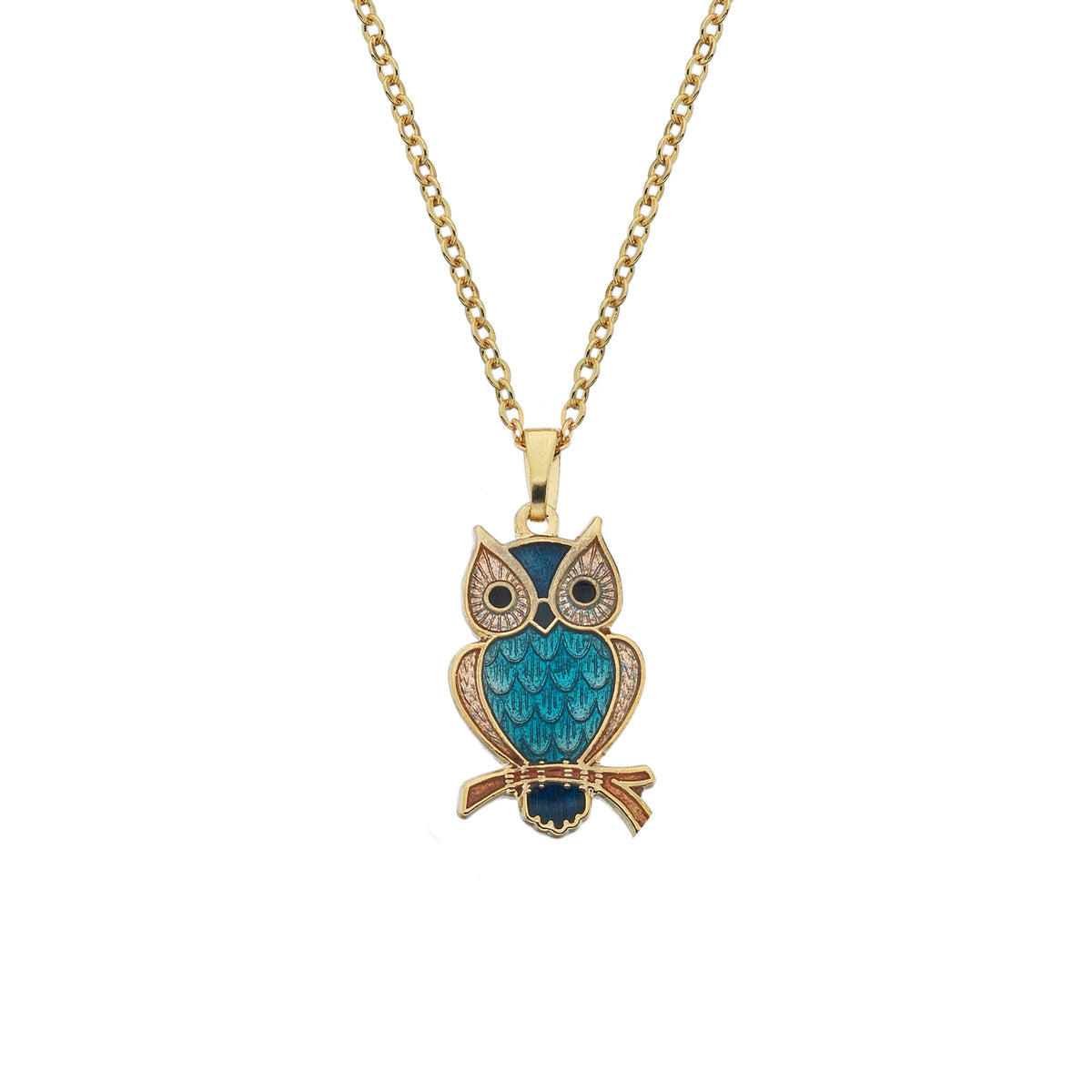 Owl Pendant Necklace - Turquoise Glass Enamel & Gold Plated Copper ...